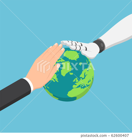 Isometric businessman and ai robot hand protecting - Stock Illustration ...