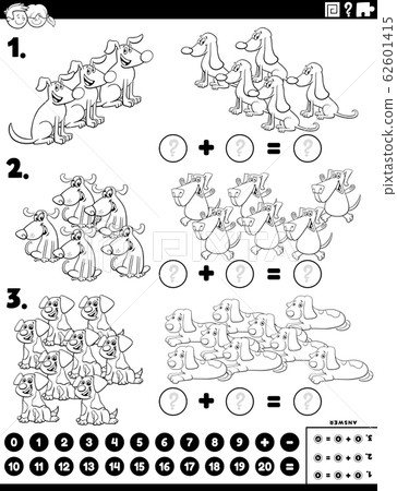 addition educational task with dogs color book - Stock Illustration ...
