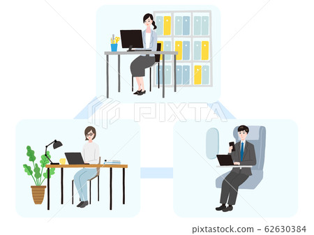 Telework, mobile work, men and women working in... - Stock Illustration ...