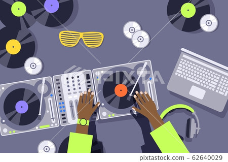 DJ hands on sound mixer console panel, music... - Stock Illustration ...