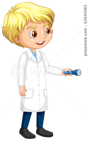 Happy boy in science gown standing on white - Stock Illustration ...