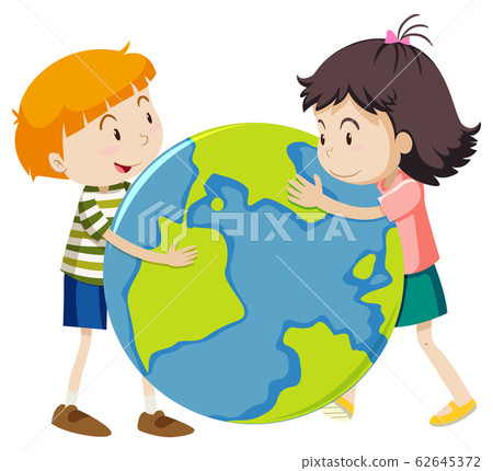 Happy boy and girl hugging big world on white - Stock Illustration ...