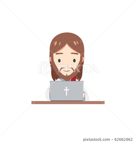 Cute Jesus is using a computer. Isolated Vector - Stock Illustration ...