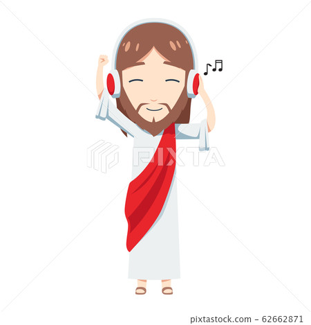 Cute Jesus is listening to the headphone. Isolated - Stock Illustration ...