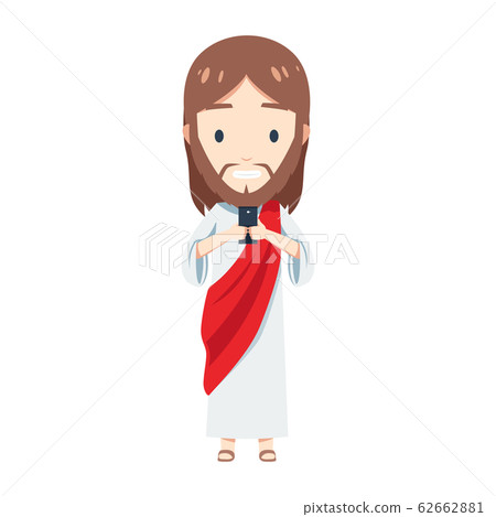 Cute Jesus Christ is using a phone. Isolated - Stock Illustration ...