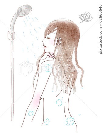 Young woman taking a reluctant shower - Stock Illustration [62666646 ...