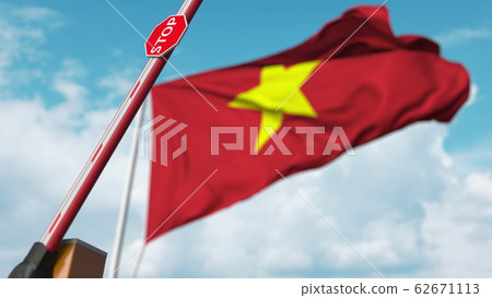 Opening boom barrier with stop sign against the...-插圖素材 [62671113 ...