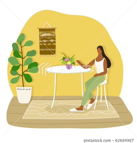 A girl sitting on a chair. Vector flat... - Stock Illustration ...