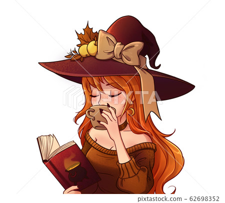 Young witch is drinking coffee and reading book. - Stock Illustration ...