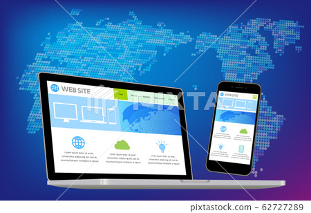 Laptop and smartphone displaying web page-blue... - Stock Illustration ...