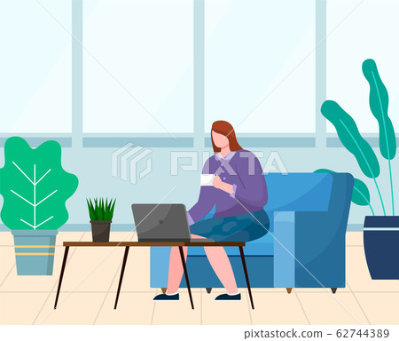 Woman Work on Computer and Drink Coffee on Break - Stock Illustration ...