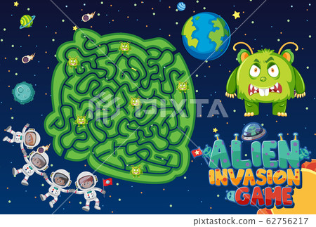 Game template with alien and astronauts in - Stock Illustration ...