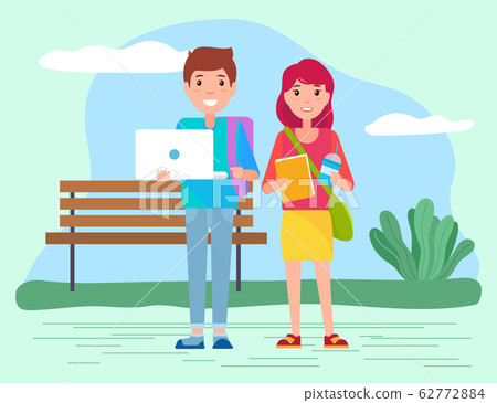 Students Stand with Laptop and Books in Hands - Stock Illustration ...