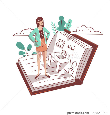 A woman is standing in an open book. - Stock Illustration [62821152 ...