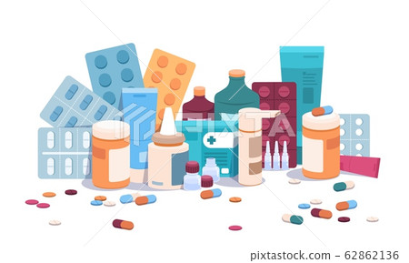 Flat bottles and pills. Medicine pills capsules... - Stock Illustration ...
