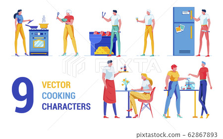 Vector Cooking Character at Kitchen and Home. - Stock Illustration ...
