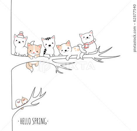 Hello spring. Group of cute animals in kawaii - Stock Illustration ...
