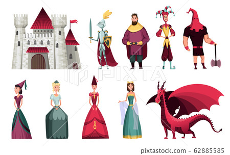Fairy tales characters. Fantasy knight and dragon, prince and princess ...