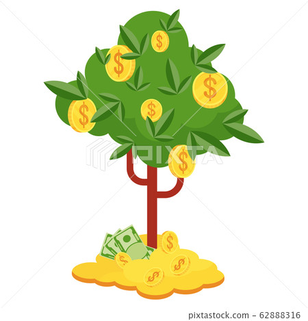 Money tree with gold coins and paper dollars. - Stock Illustration ...
