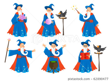 Wizard in robe spelling vector cartoon characters. - Stock Illustration ...