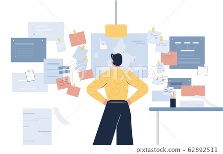 Cartoon male looking at wall with many notes of... - Stock Illustration ...