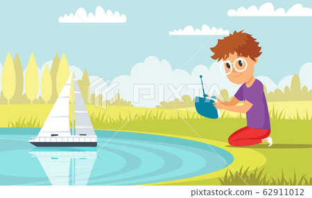 Boy playing with rc ship flat vector illustration - Stock Illustration ...