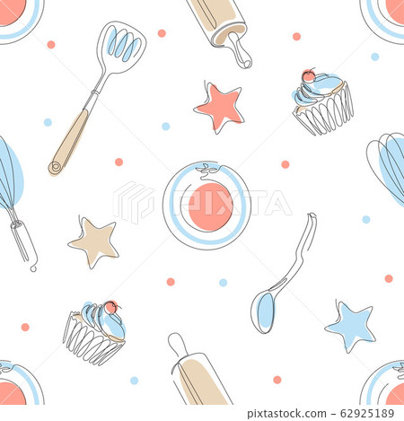 Seamless culinary pattern. Plates, cupcakes,... - Stock Illustration ...