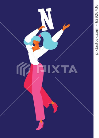 Young woman dancing with flat letter N. English - Stock Illustration ...