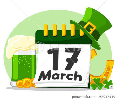 March 17 calendar with a glass of green beer, a - Stock Illustration ...
