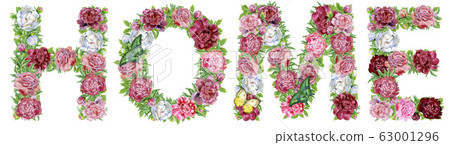 Word HOME of watercolor peonies flowers and - Stock Illustration ...