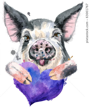 Watercolor portrait of pig with violet heart - Stock Illustration ...