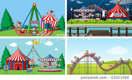 Four scenes with many rides in the fun fair - Stock Illustration ...