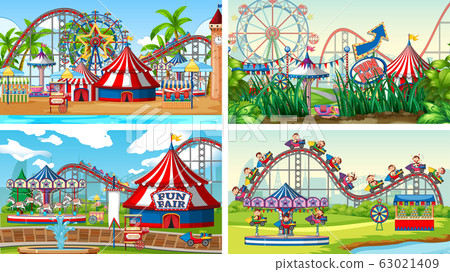 Four scenes with many rides in the fun fair - Stock Illustration ...