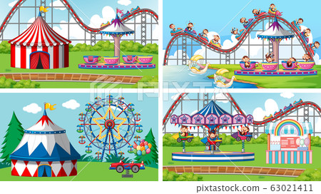 Four scenes with many rides in the fun fair - Stock Illustration ...