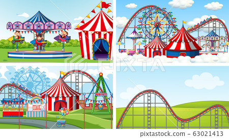Four scenes with many rides in the fun fair - Stock Illustration ...