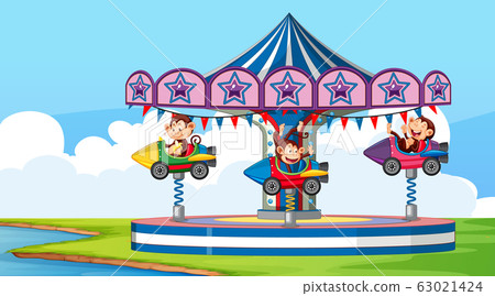 Scene with cute monkeys riding on rocket ride in - Stock Illustration ...