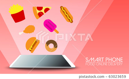 Smart Phone Food Online Delivery on Red Background - Stock Illustration ...