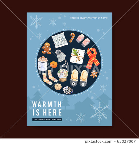Winter home poster design with slippers, hat, - Stock Illustration ...