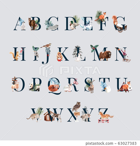 Winter animal alphabet design with ermine, deer, - Stock Illustration ...