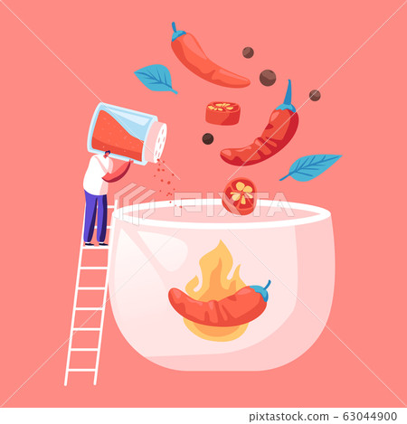 Hot Spicy Food Concept. Tiny Male Character... - Stock Illustration ...