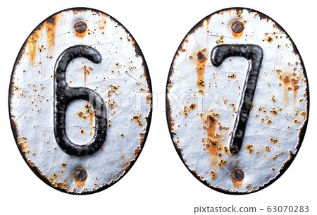 3D render set of numbers 6, 7 made of forged... - Stock Illustration ...