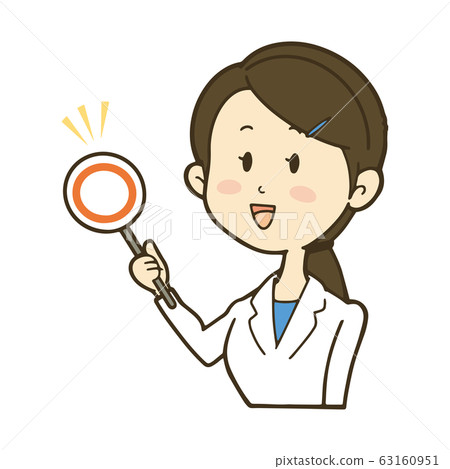A woman in a white coat holding a (Maru) tag. - Stock Illustration ...