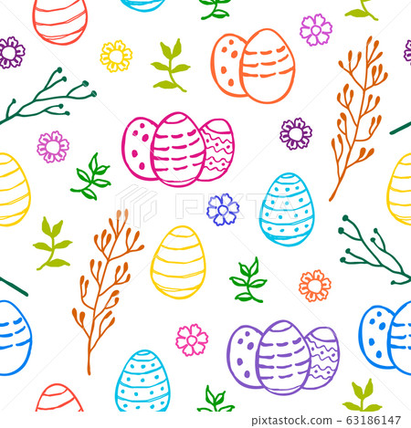Easter seamless hand drawn pattern with cute... - Stock Illustration ...