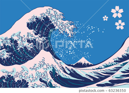 Postcard postcard Japan wave cherry blossom spring - Stock Illustration ...