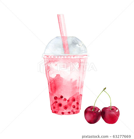 Bubble tea with cherry flavor and tapioca pearl - Stock Illustration ...