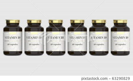 Medicine glass bottles with generic vitamin B9... - Stock Illustration ...