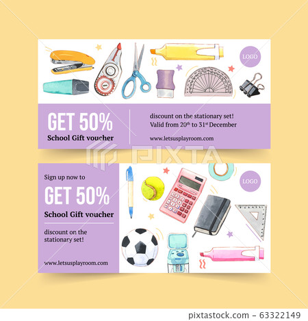 School voucher design with sharpener, highlighter, - Stock Illustration ...