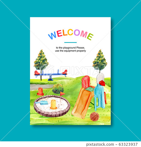 Playground poster design with sandpit, slide, - Stock Illustration ...