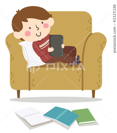 Kid Boy Procrastinating Study Tablet Illustration - Stock Illustration ...