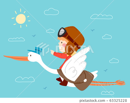 Kid Boy Ride Bird Stork Travel Fly Illustration - Stock Illustration ...